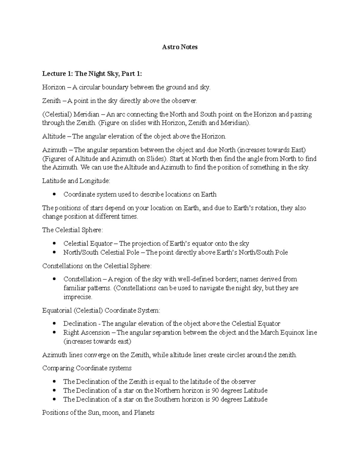 Astro 5 - In class notes - Astro Notes Lecture 1: The Night Sky, Part 1 ...