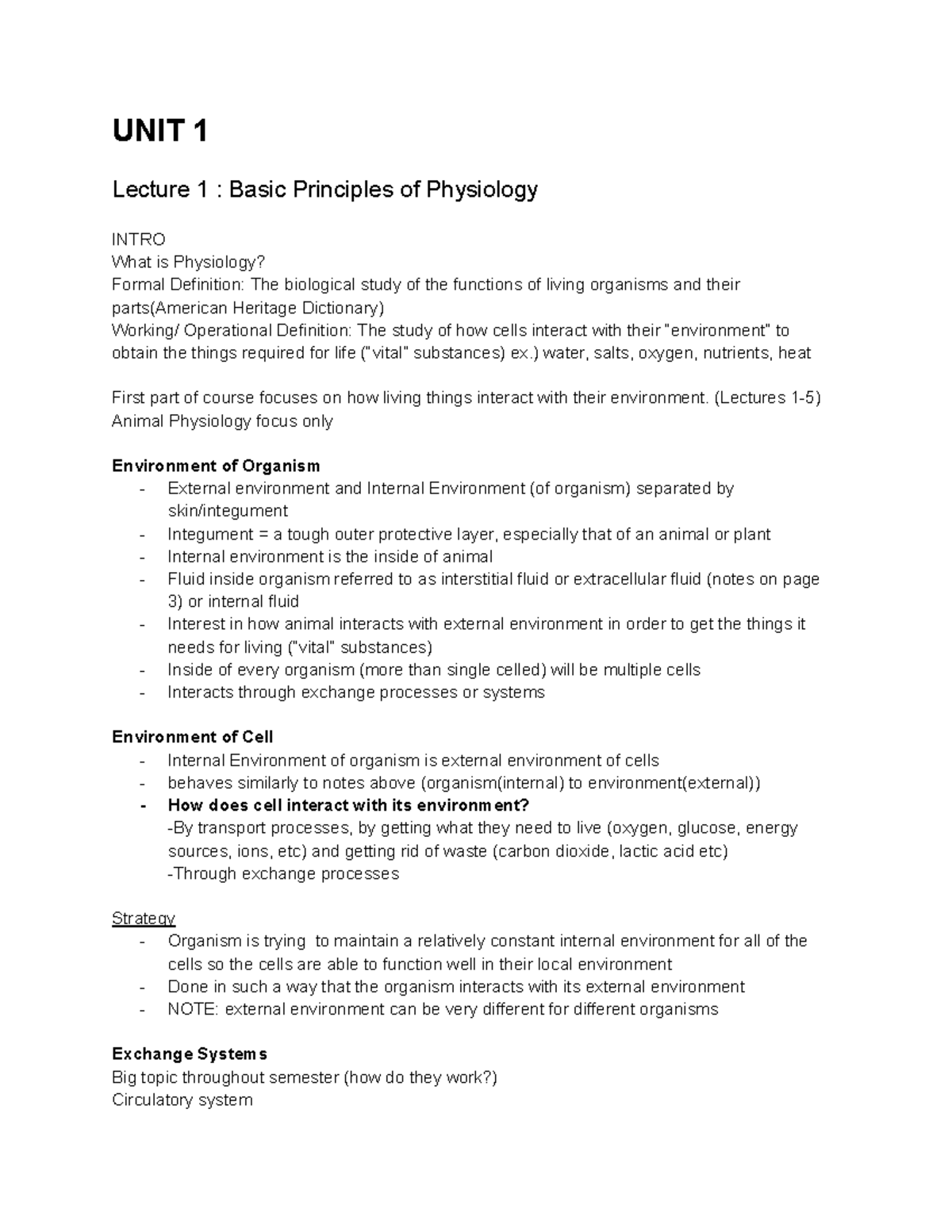 Bio 203 Notes lectures 1-3 incomplete pdf - UNIT 1 Lecture 1 : Basic ...