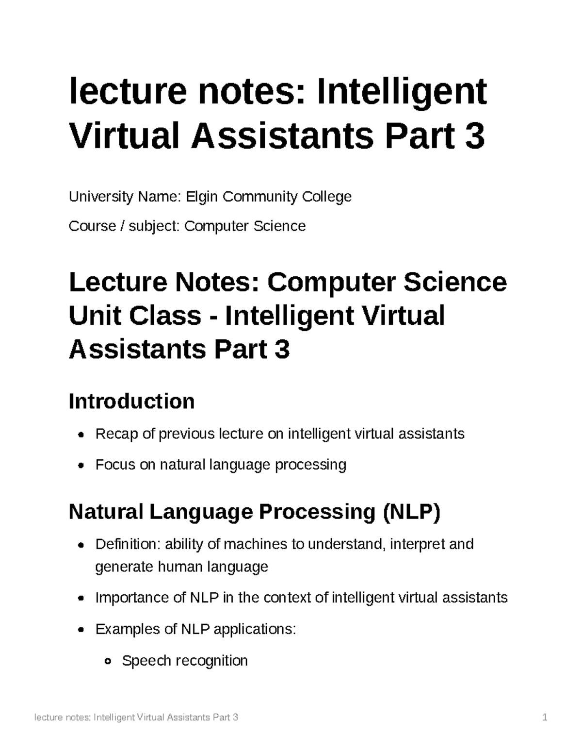 Lecture notes Intelligent Virtual Assistants Part 3 - lecture notes ...