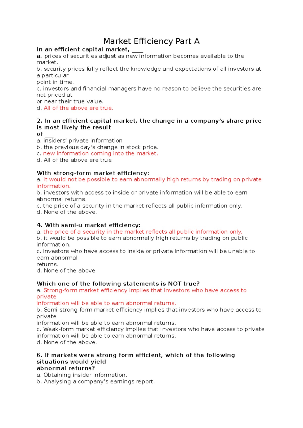 Mid SEM Exam EFB201 - Market Efficiency Part A In an efficient capital ...