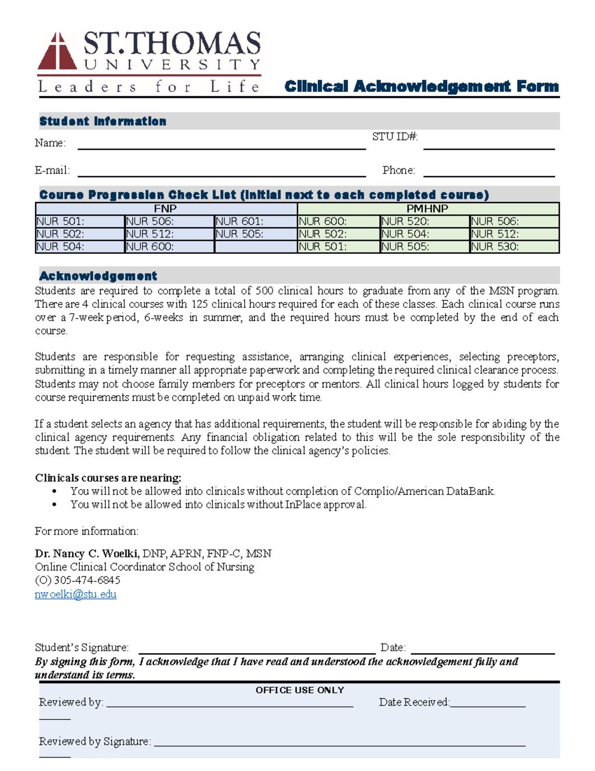 Clinical Site Acknowledgement - Clinical Acknowledgement Form Student ...