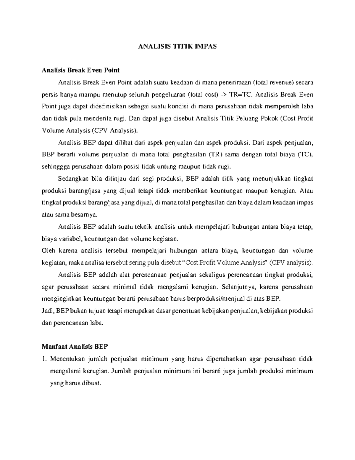 Analisis Titik Impas - ANALISIS TITIK IMPAS Analisis Break Even Point ...