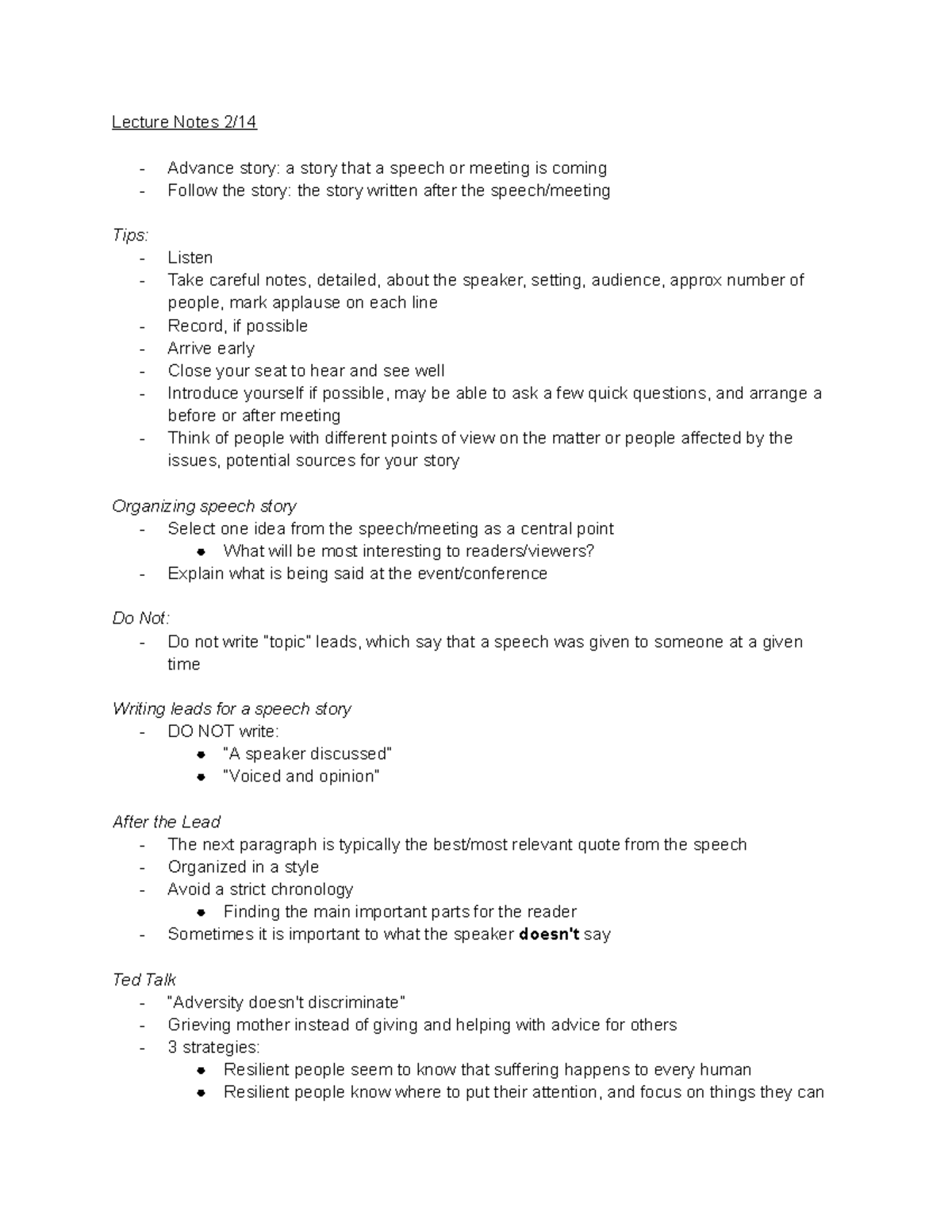 Covering Speeches - 2 14 - Lecture Notes 2/ Advance story: a story that ...