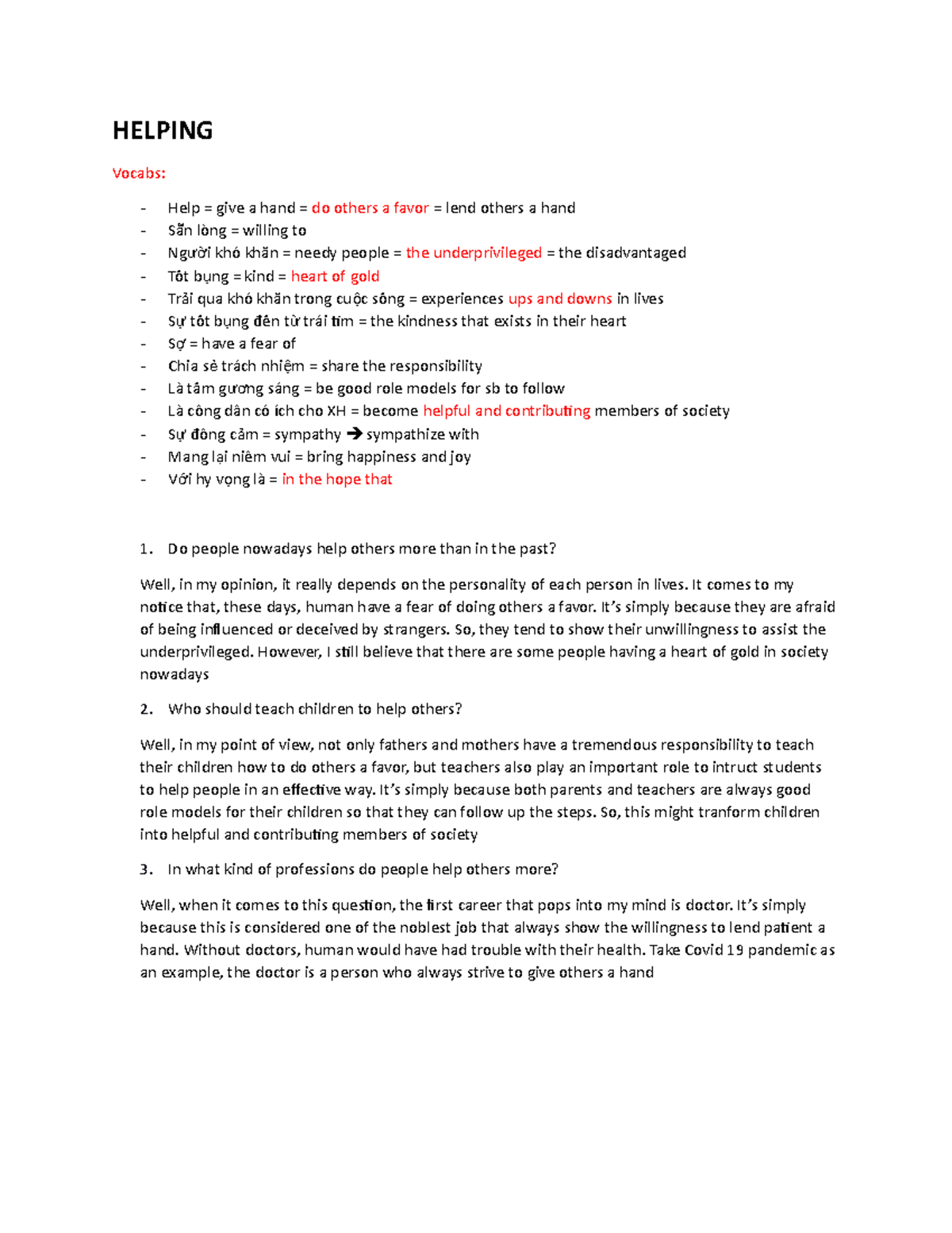 Speaking helping - HELPING Vocabs: Help = give a hand = do others a ...