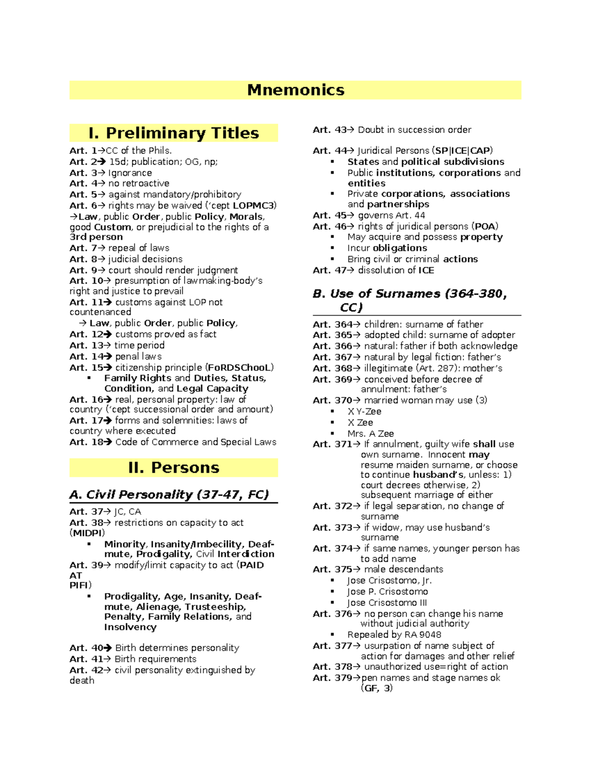 Civil law Mnemonics - law lawl alw lawlalwla - Mnemonics I. Preliminary ...