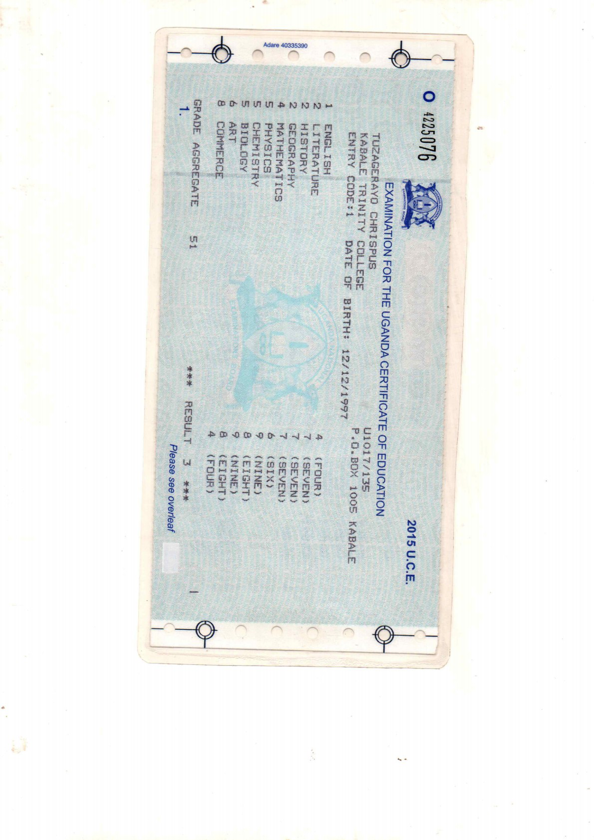 PDF Phoenix O'Level Result Slip - o 4225076 2015 U.C. EXAMINATION FOR THE UGANDA CERTIFICATE OF ...