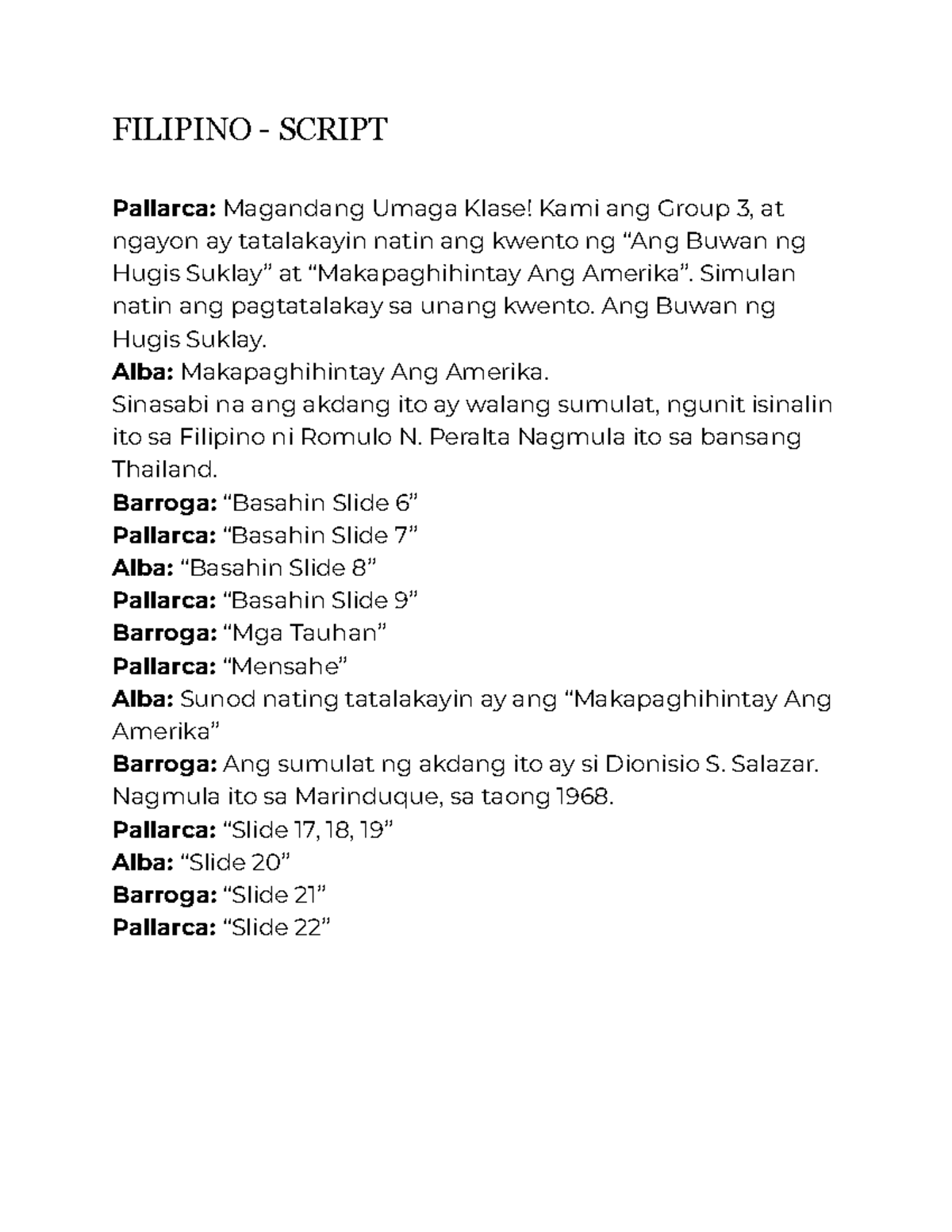 Filipino-script - reviewer - FILIPINO - SCRIPT Pallarca: Magandang ...