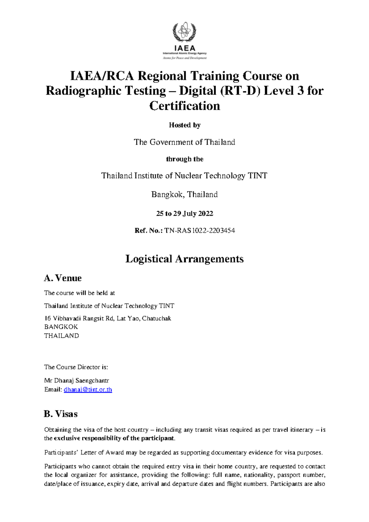 Logistical arrangements - IAEA/RCA Regional Training Course on ...