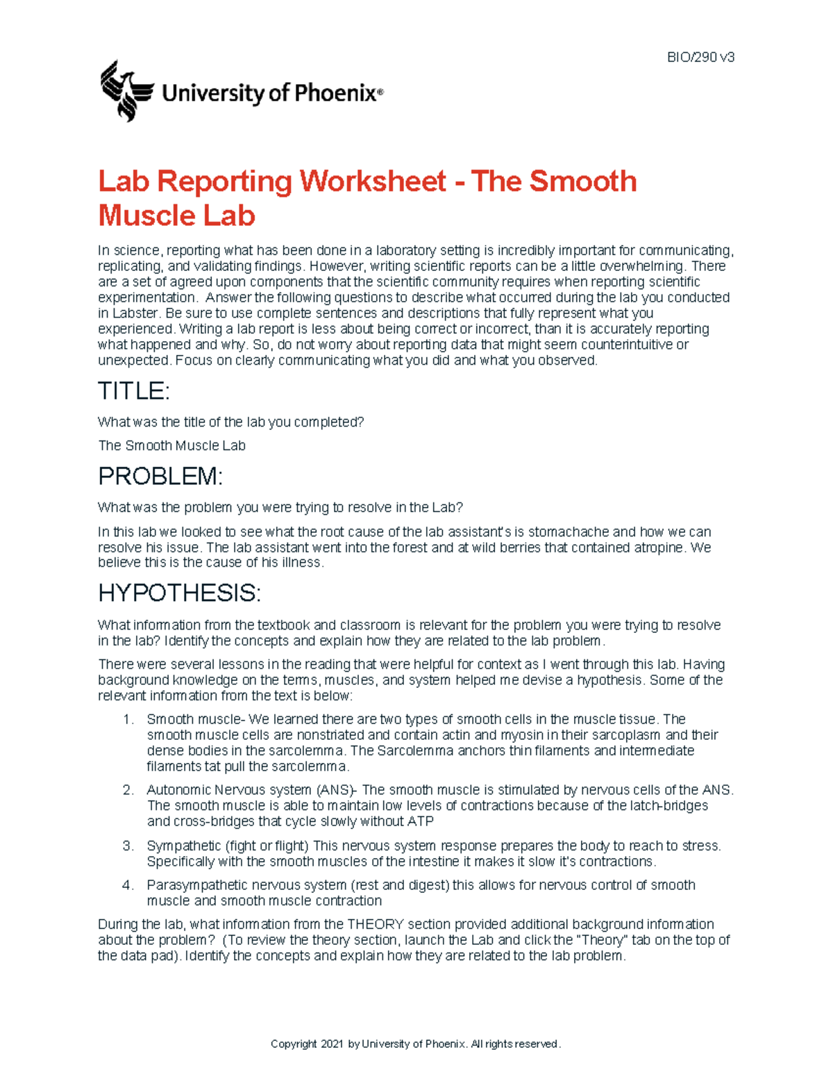 Bio290 v3 wk5 the smooth muscle lab report - BIO/290 v Lab Reporting Worksheet - The Smooth ...