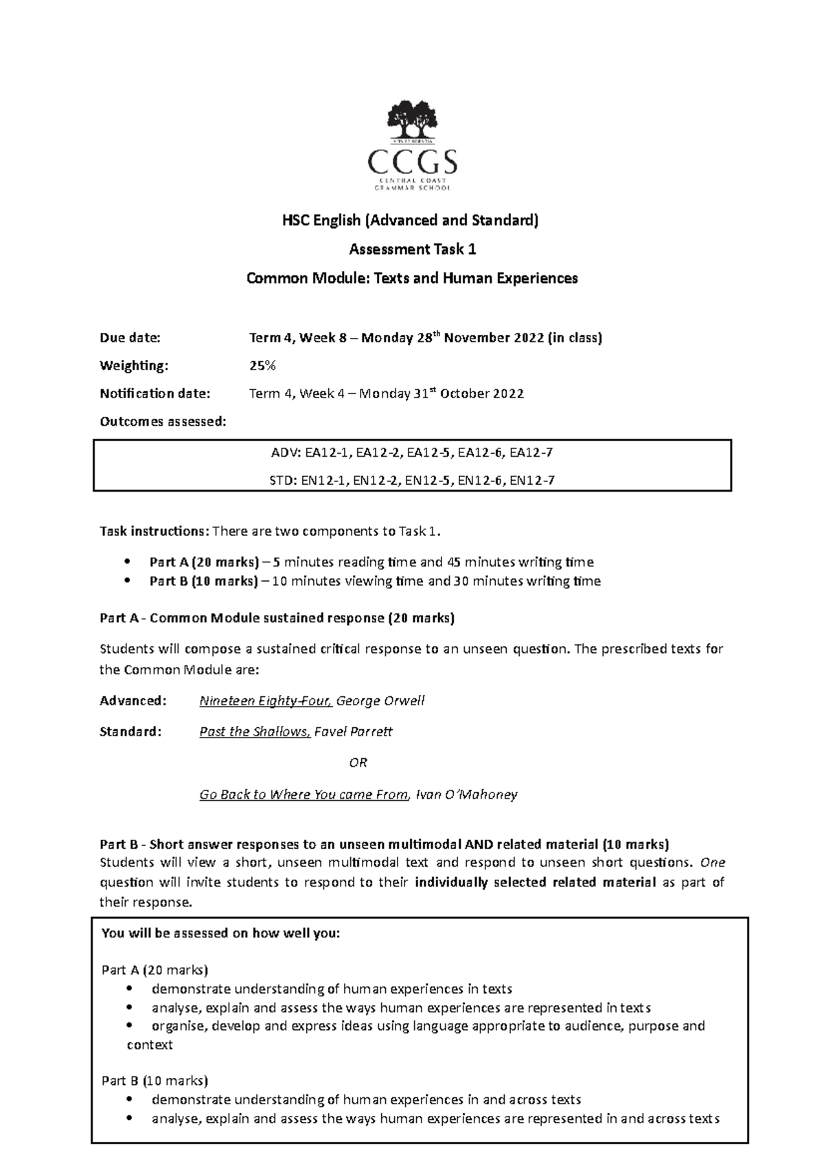 Task 1 Notification - Common Module (ADV and STD) - HSC English ...