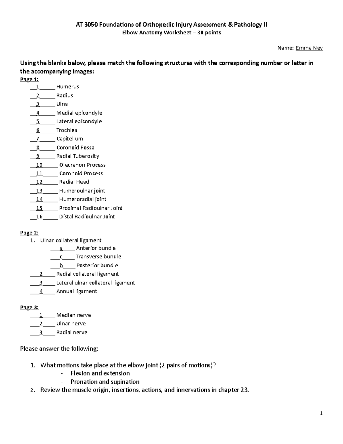 Elbow anatomy worksheet spring 2021 - AT 3050 Foundations of Orthopedic ...