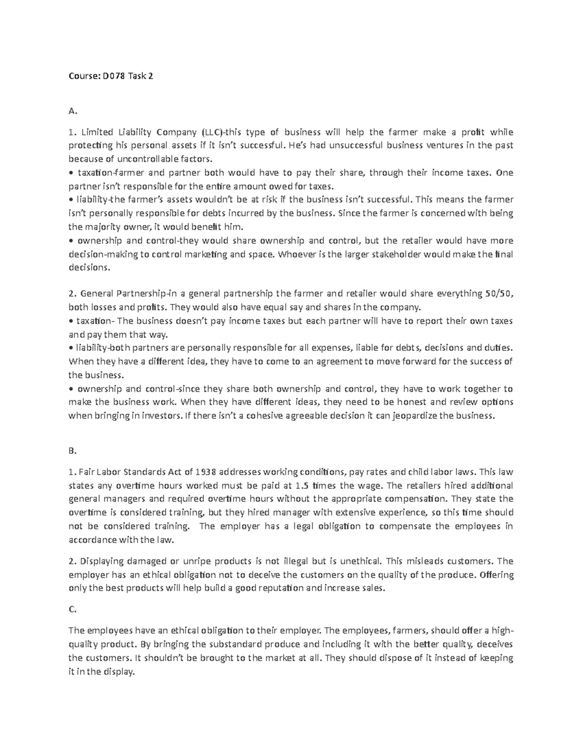 D078 Task 2 - D078 TASK 2 - Course: D078 Task 2 A. Limited Liability ...
