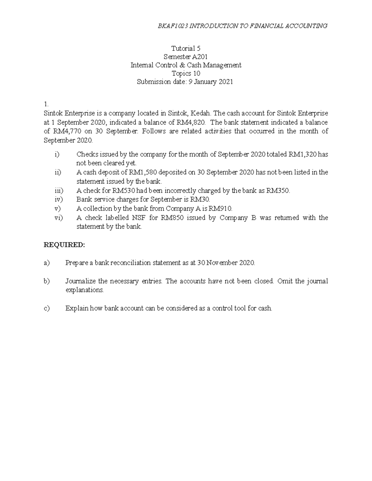 Tutorial 5 - Tutorial 5 Semester A Internal Control & Cash Management ...