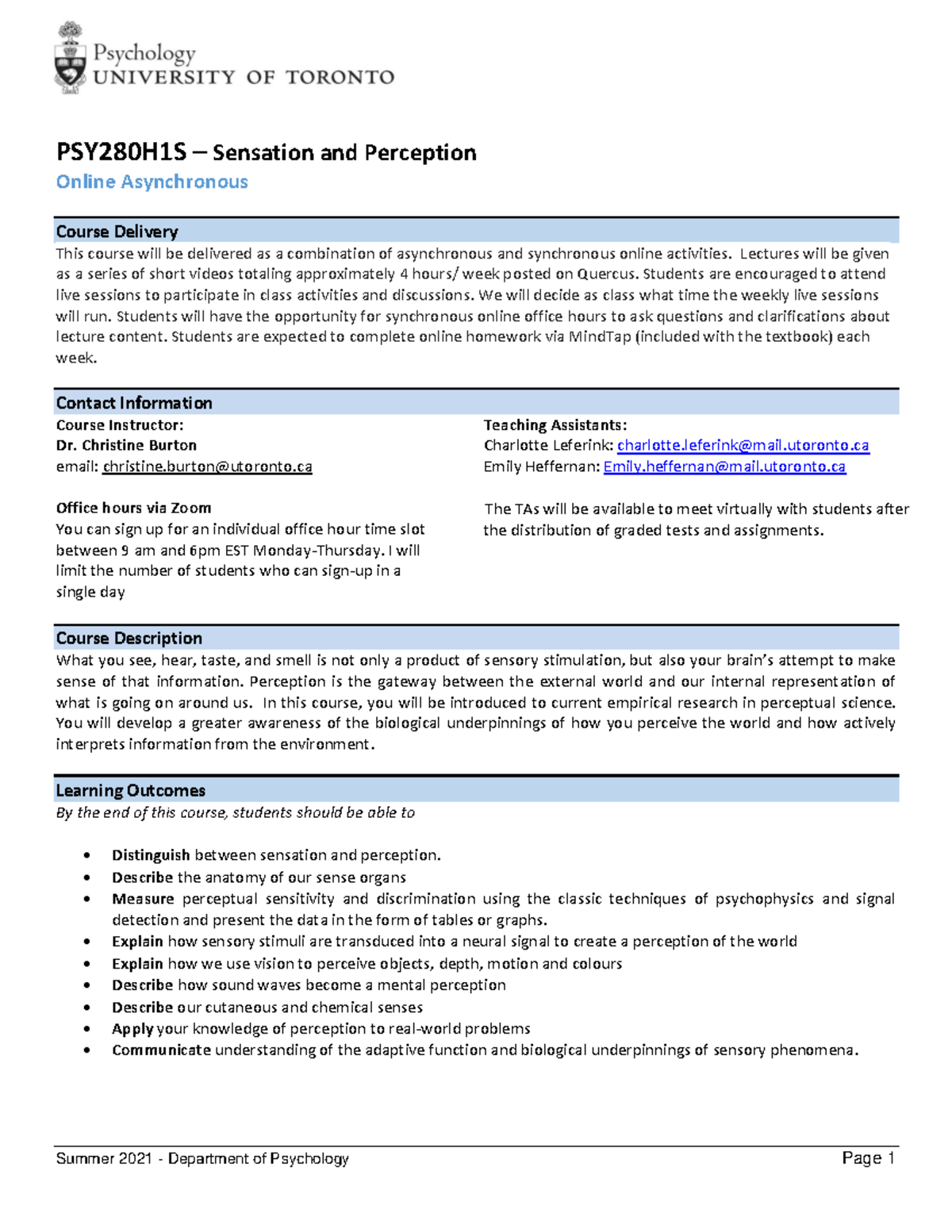 PSY280 Course outline - PSY280H1S – Sensation and Perception Online Asynchronous Course Delivery ...