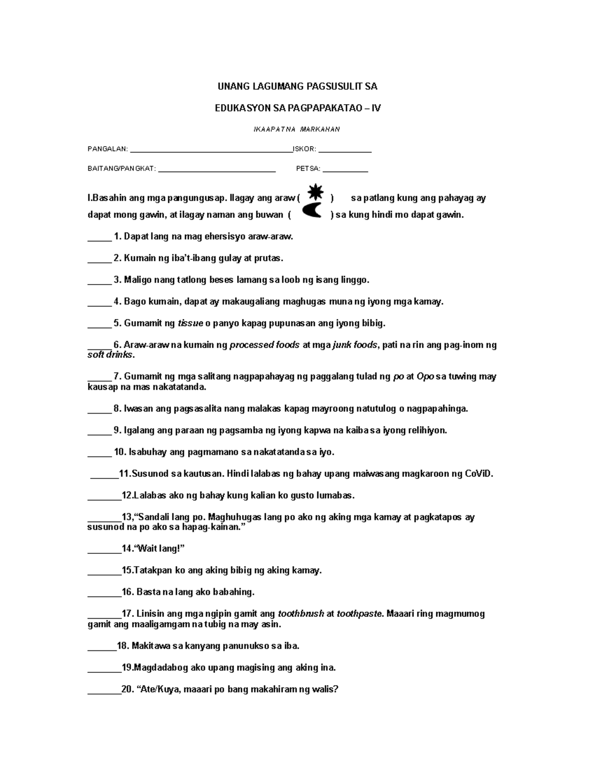 ESP-4-Q4- Summative TEST 1-4 - UNANG LAGUMANG PAGSUSULIT SA EDUKASYON ...
