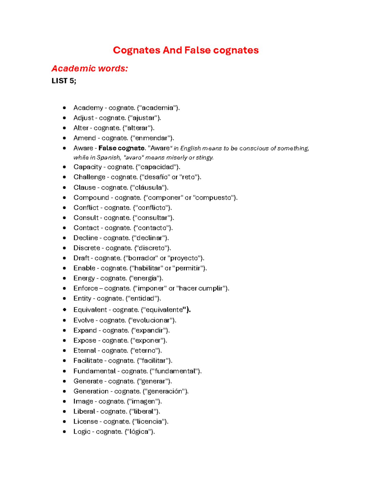 200cognatesandfalsecognates - Cognates And False cognates Academic ...