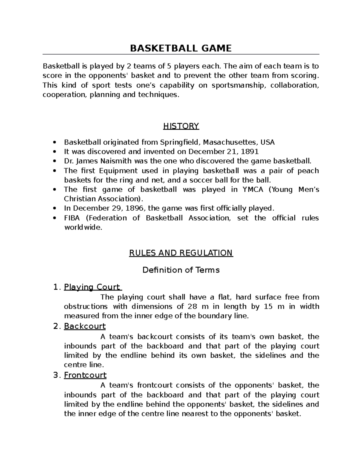 Basketball - Lecture notes 1 - BASKETBALL GAME Basketball is played by ...