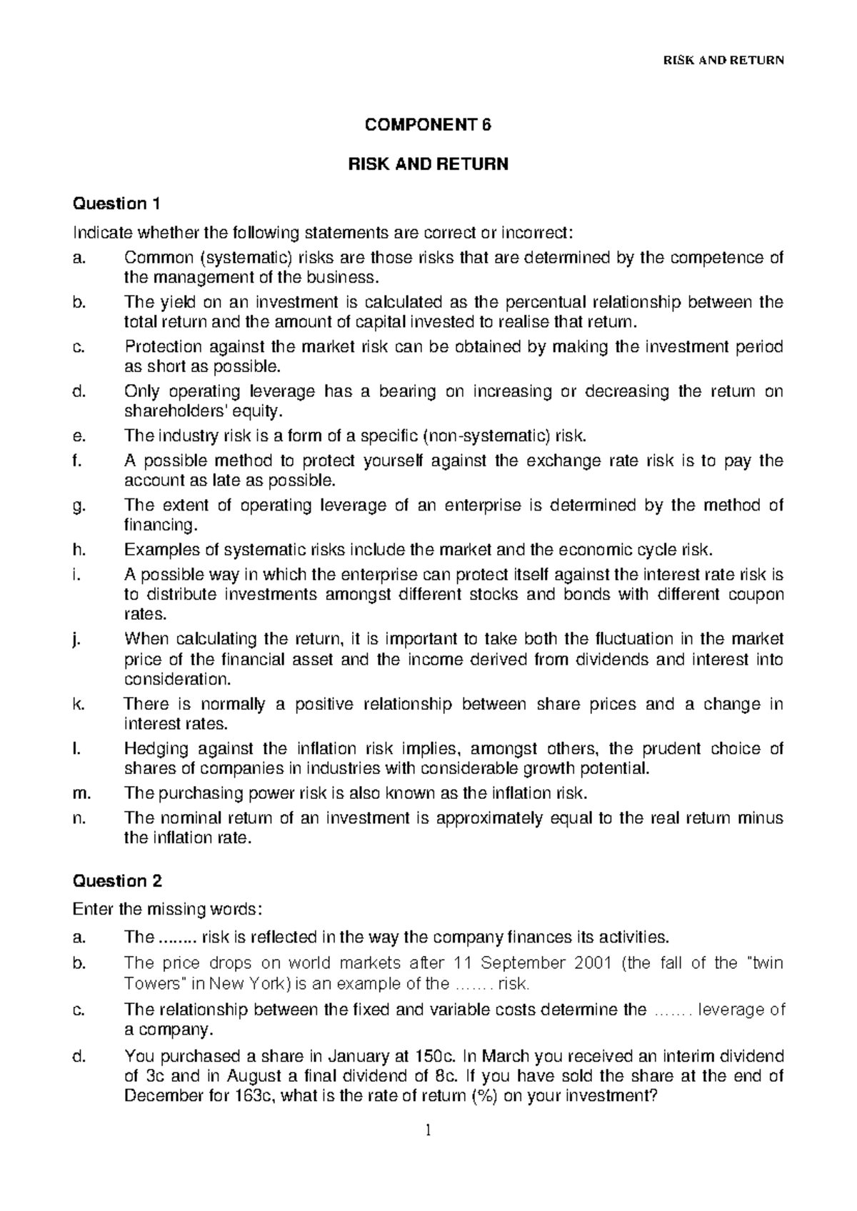Component 6 - Additional Exercises AND Solutions RISK AND Return - RISK ...