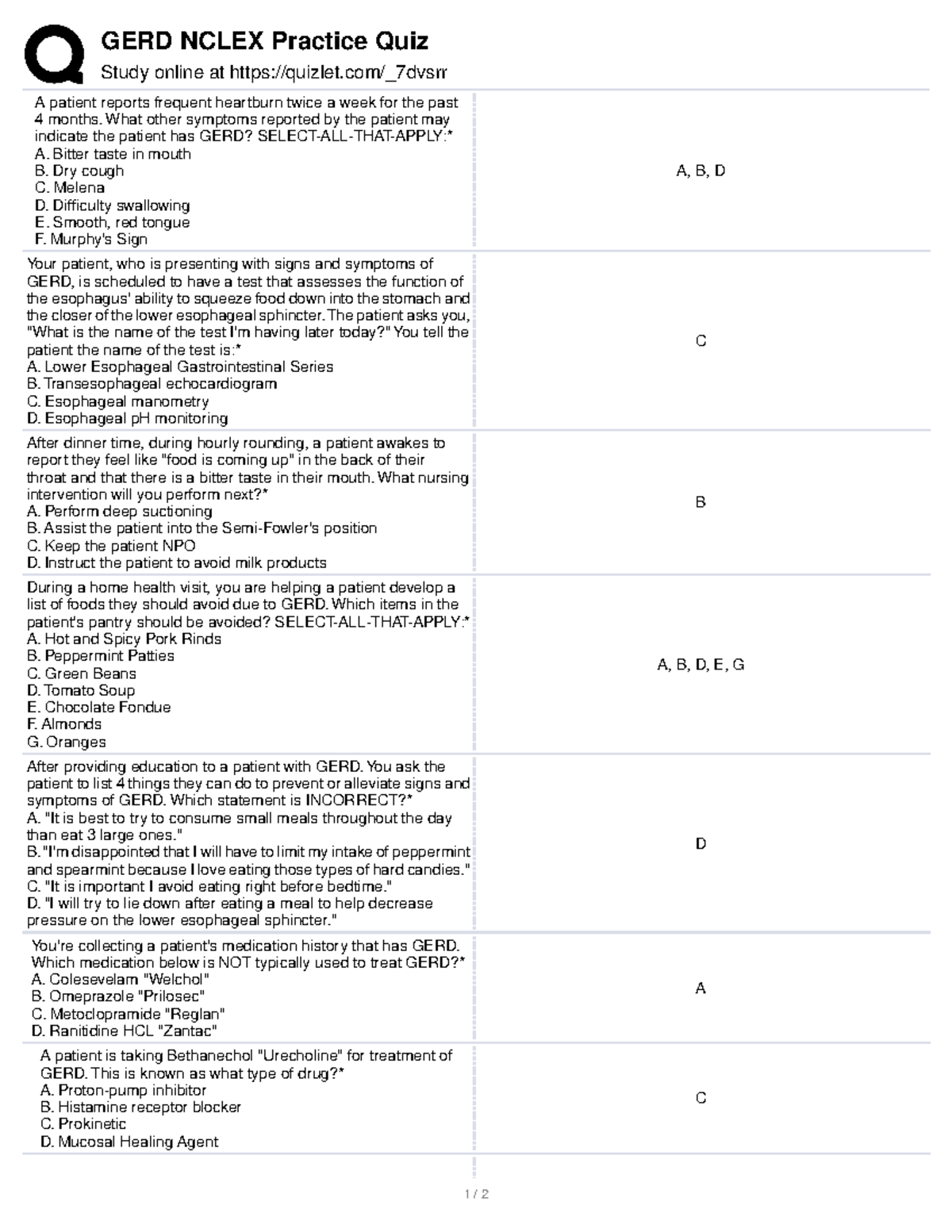 GERD 3 - GERD UPPER GI - GERD NCLEX Practice Quiz Study online at ...