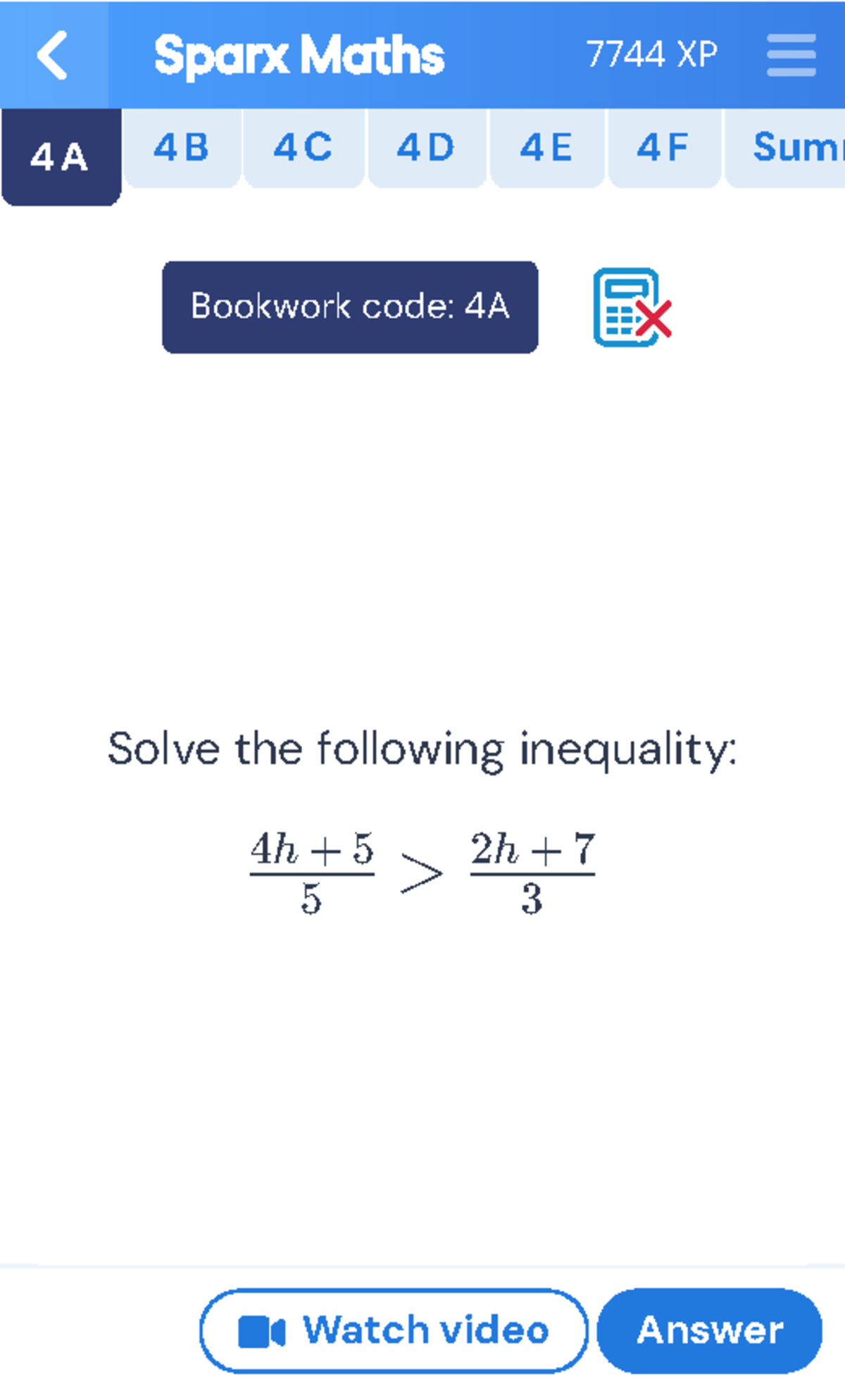 Sparx Maths - BLAW 2001 - 7744 XP 4 A 4 B 4 C 4 D 4 E 4 F Summ Bookwork code: 4A Solve the ...