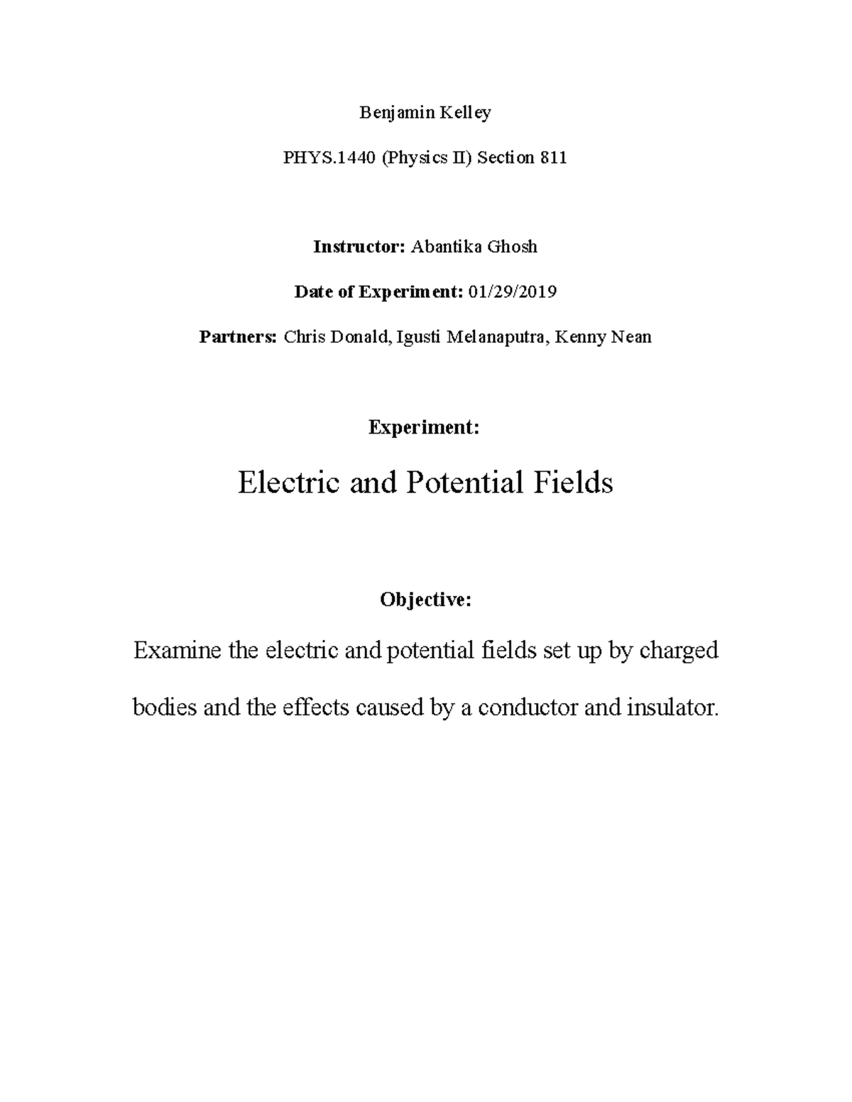 Electric and Potential Fields Lab Report - Benjamin Kelley PHYS ...