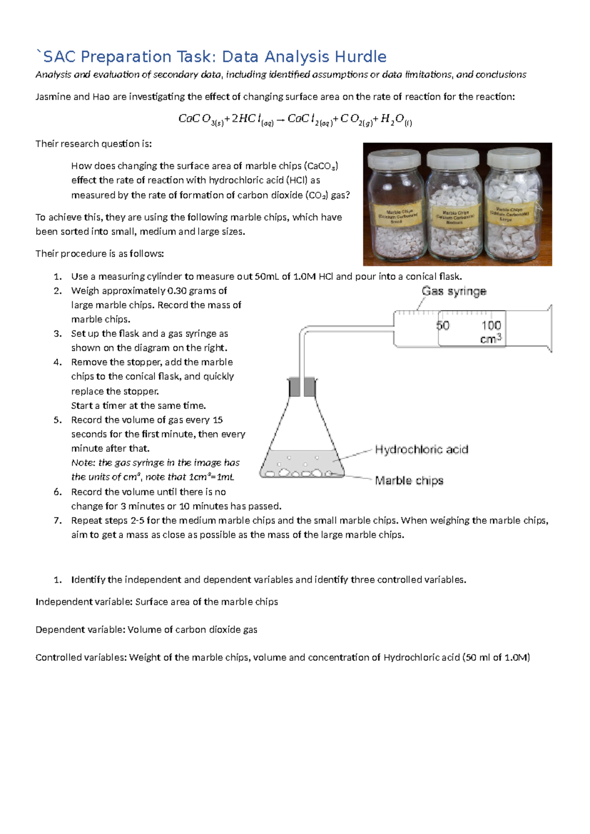 Rate of Reaction SAC Preparation Task - Data analysis 1 - `SAC ...
