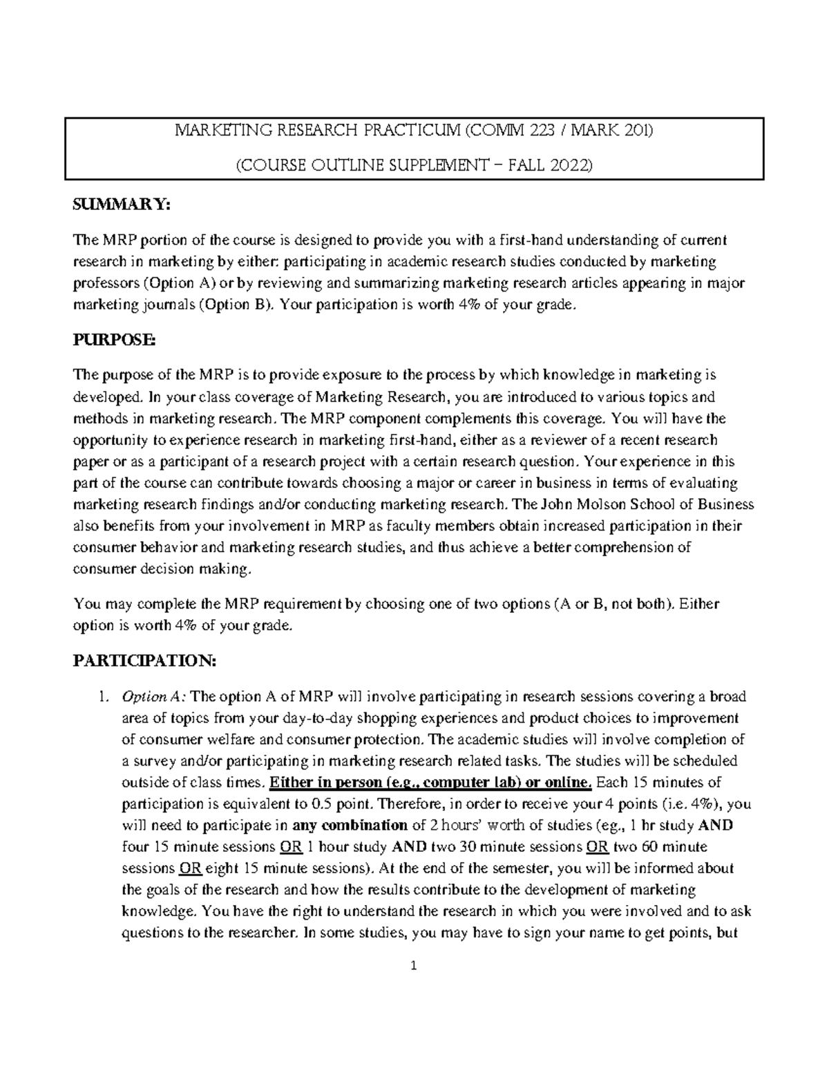 MRP outline Fall - Marketing Research Practicum (COMM 223 / MARK 201 ...