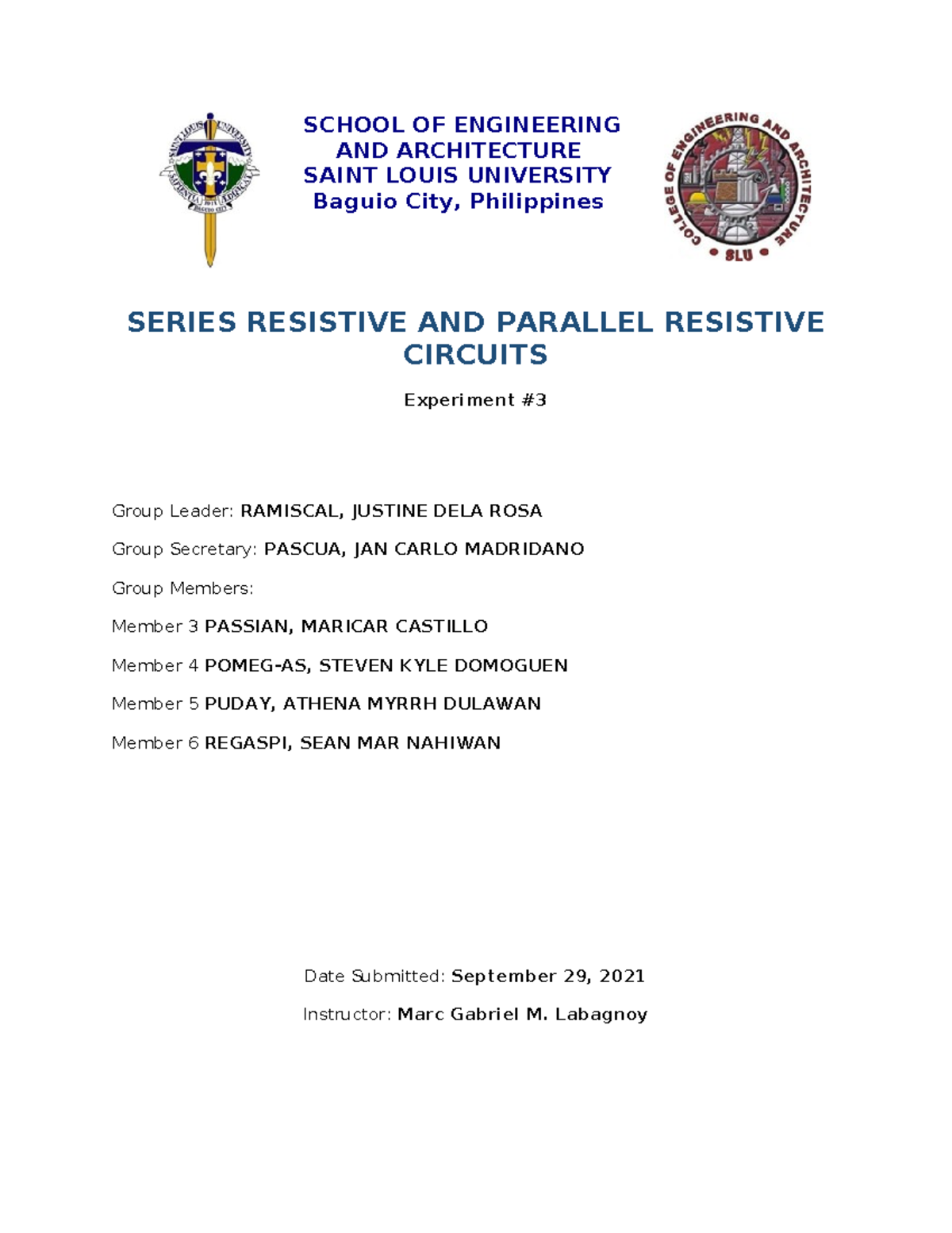 CHE-3151L Experiment-3 Group-6 - SCHOOL OF ENGINEERING AND ARCHITECTURE ...