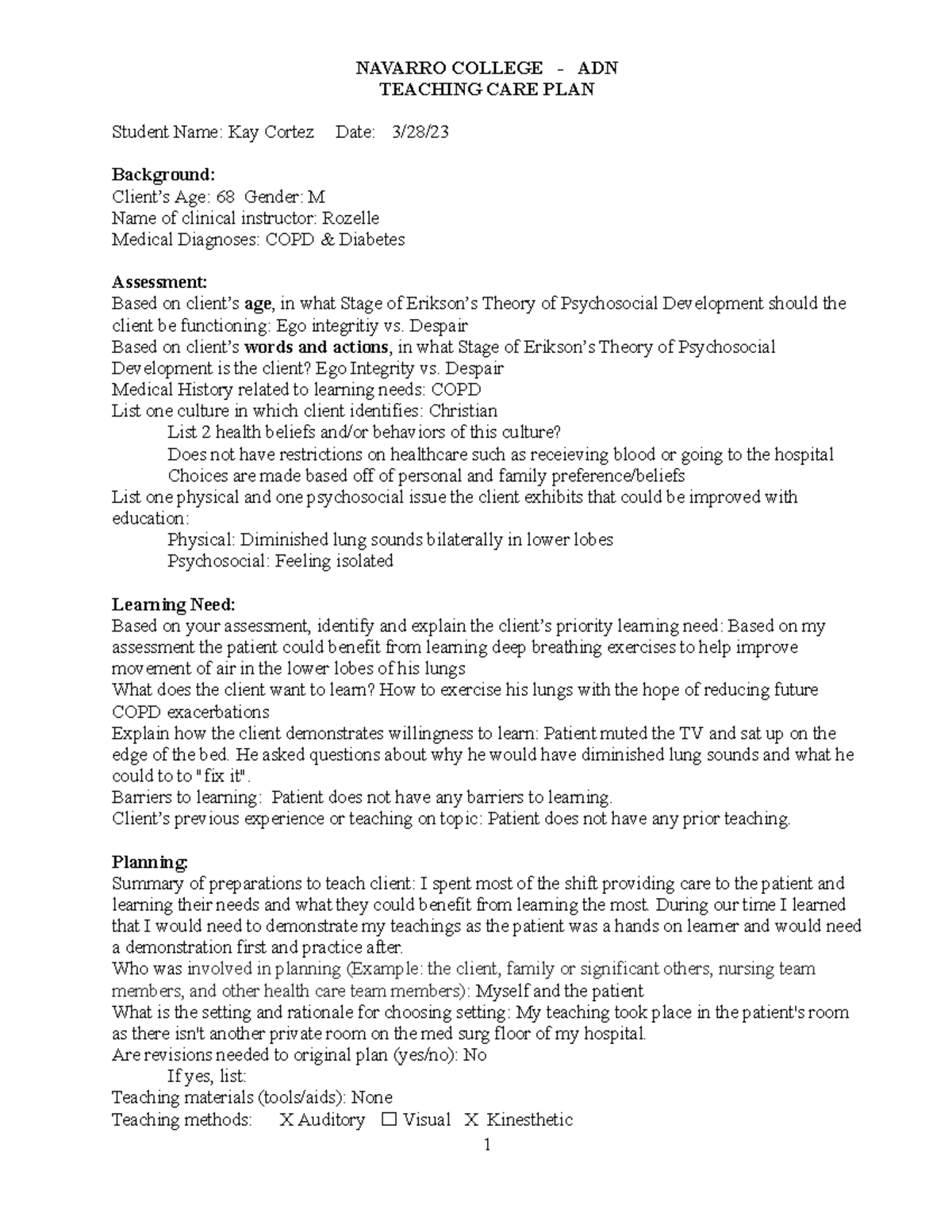 Teaching care plan - NAVARRO COLLEGE - ADN TEACHING CARE PLAN Student ...