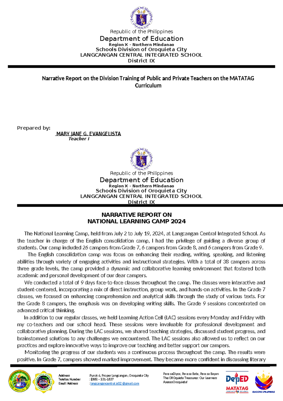 Narrative report NLC - Address :Purok 6, Proper Langcangan, Oroquieta ...