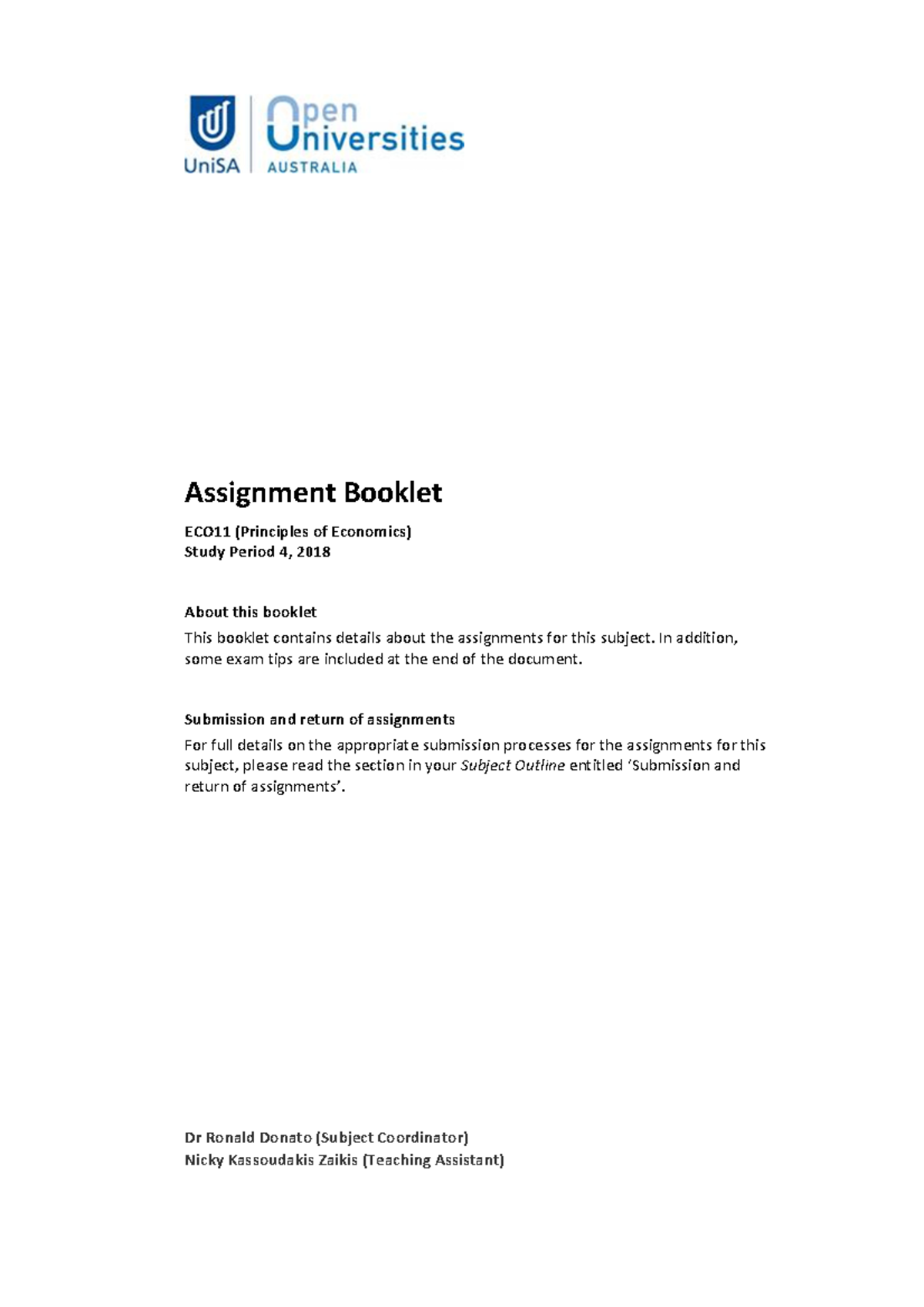 Eco11 Assignment booklet SP4 2018 final - Assignment Booklet ECO11 ...