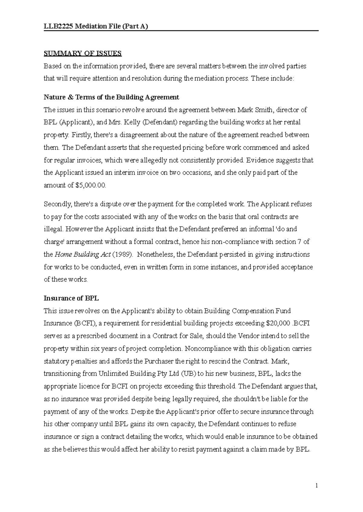 (Part A) Pre-Mediation Summary - LLB2225 Mediation File (Part A ...