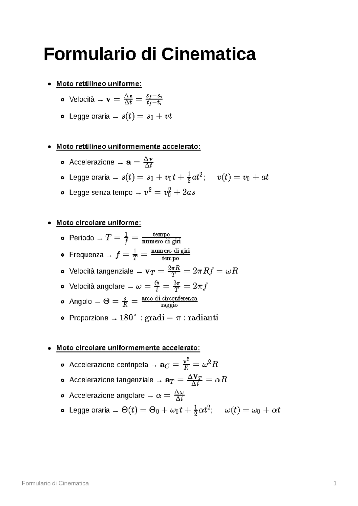 Formulario di Cinematica - Studocu
