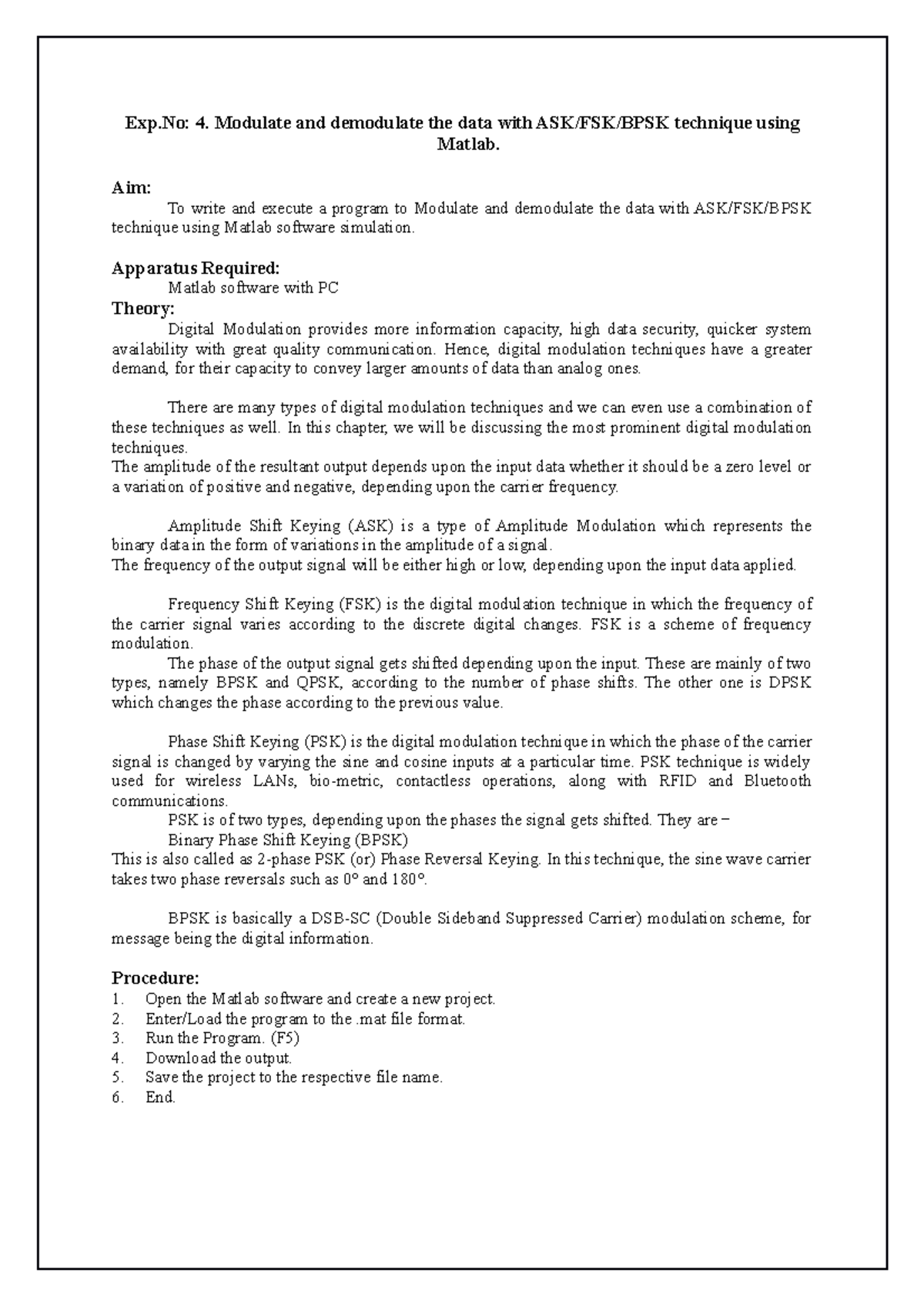 Exp 4 - Exp: 4. Modulate and demodulate the data with ASK/FSK/BPSK ...
