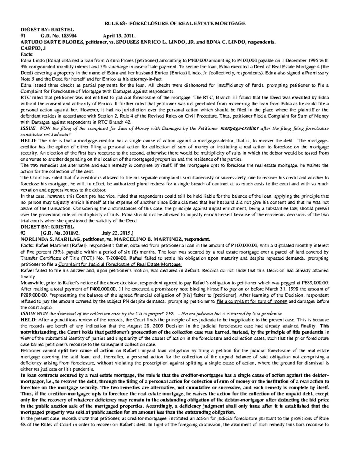 Rule 68-69 Case Digests - RULE 68- FORECLOSURE OF REAL ESTATE MORTGAGE ...