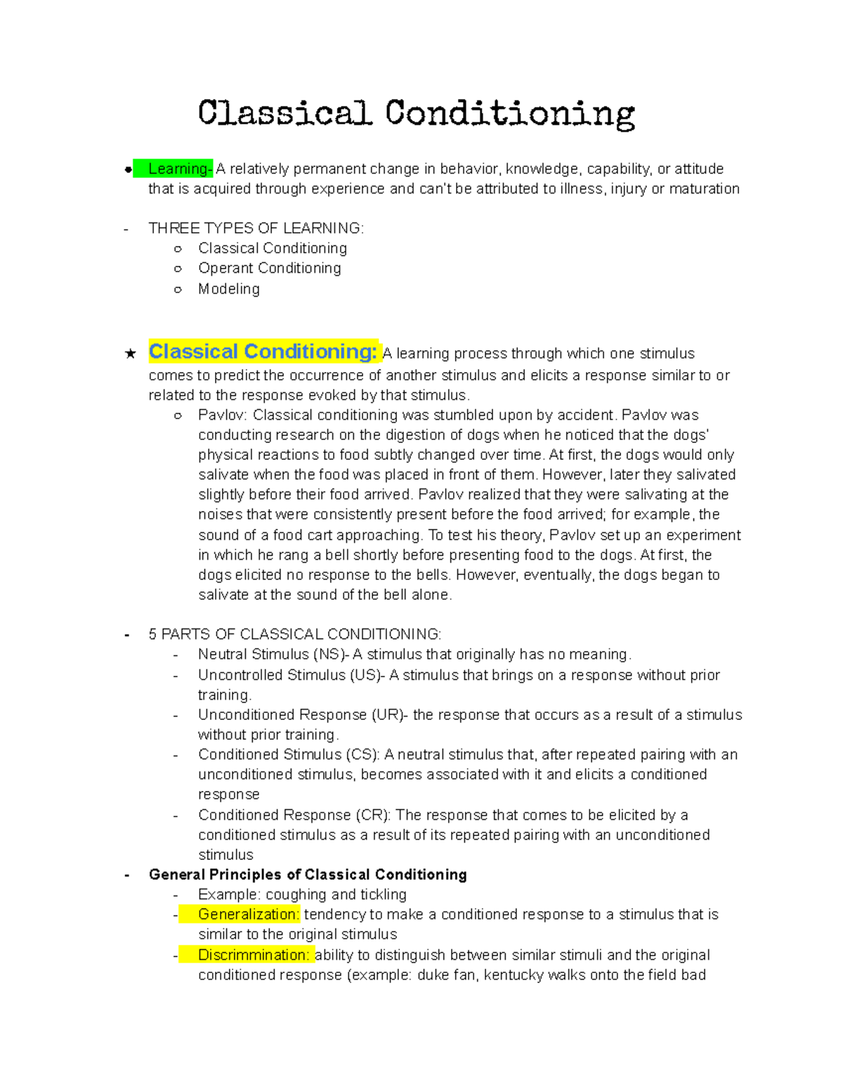 Psych. Lecture Notes - Classical Conditioning Learning- A relatively ...