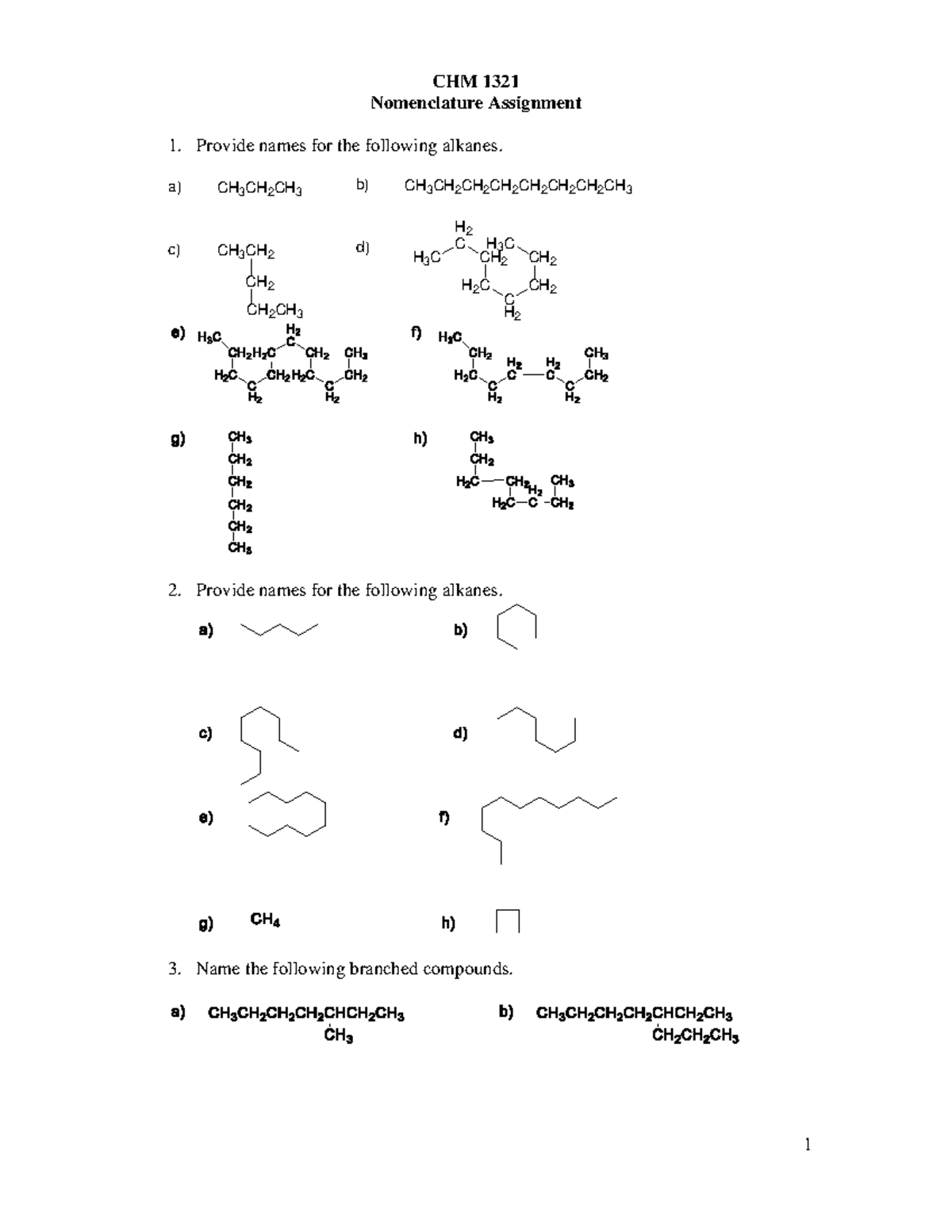Nomenclature Assignment - CHM 1321 Nomenclature Assignment Provide names for the following ...
