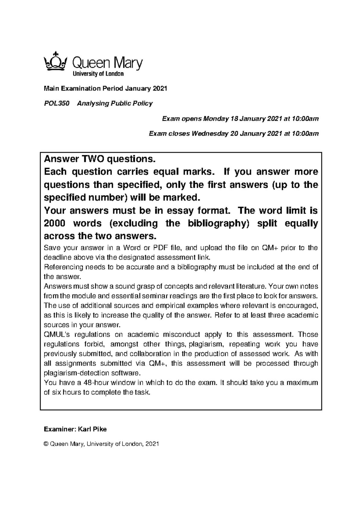 POL350 Main Exam 2020-21 - Main Examination Period January 2021 POL350 ...