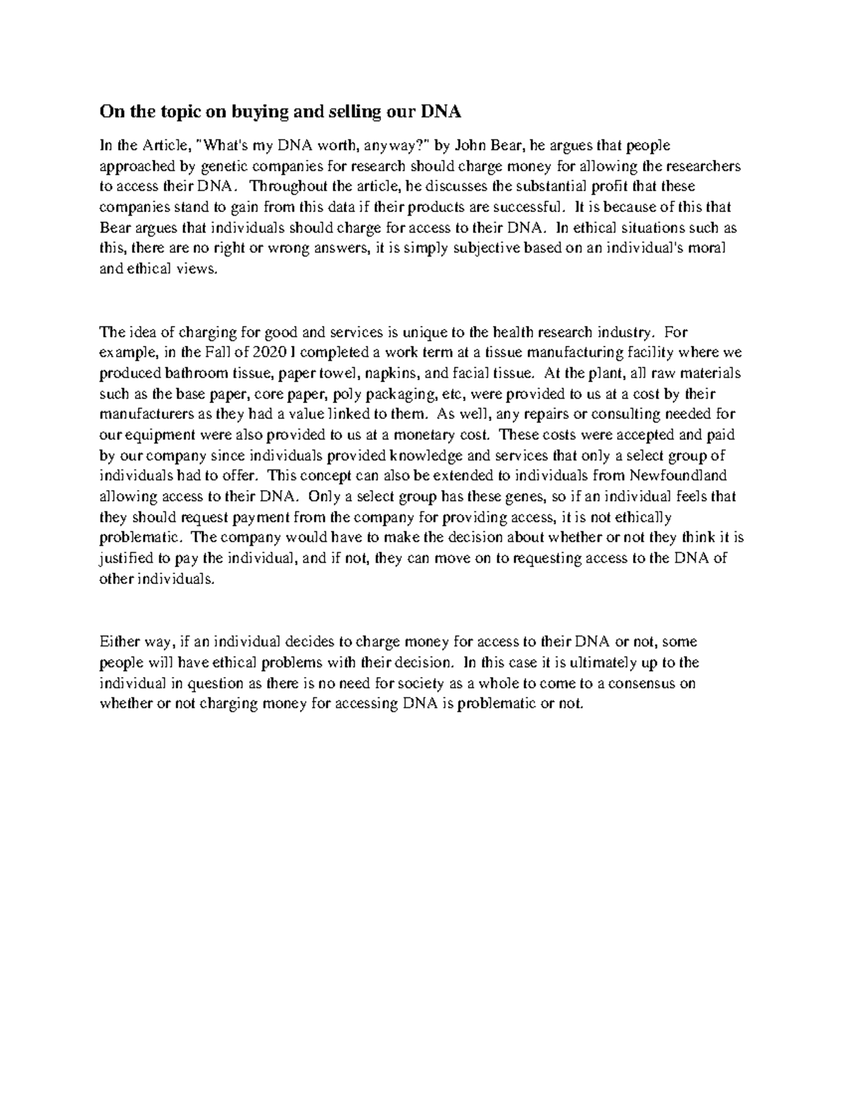 Phil discussion 9 Selling DNA - On the topic on buying and selling our ...