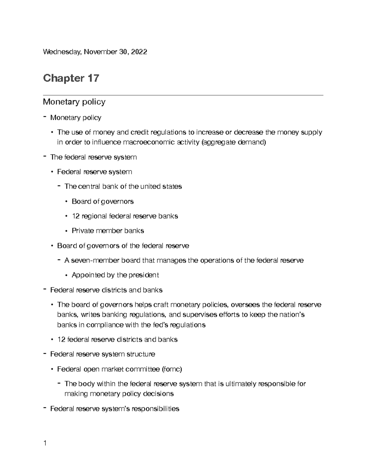 economics chapter 17 - Wednesday, November 30, 2022 Chapter 17 Monetary ...
