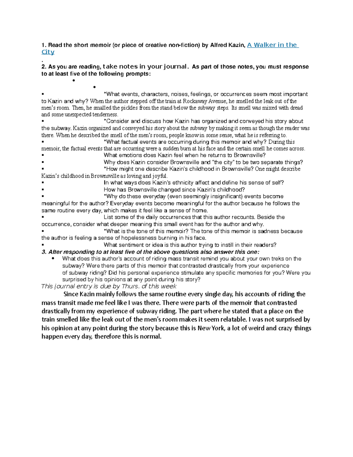 ENG 201 Assignment - Classwork/HW - 1. Read the short memoir (or piece ...