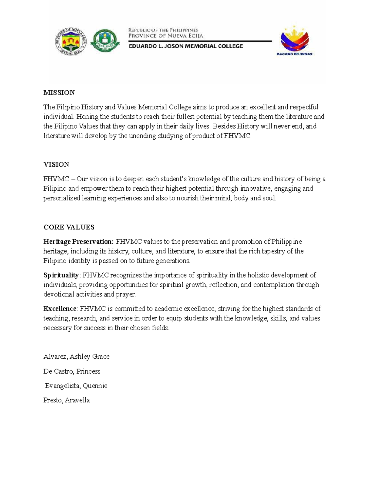 Filipino History and Values Memorial College - Honing the students to ...