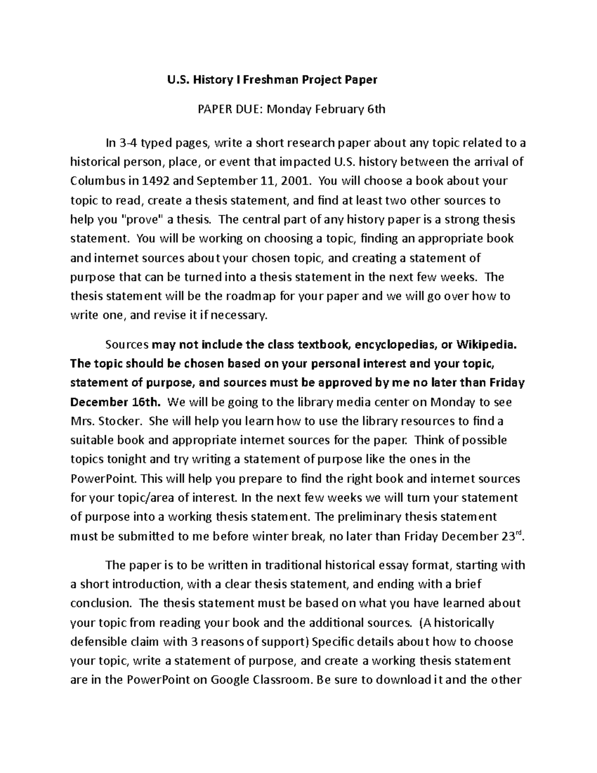 2022 US I Revised Frosh Project Directions - U. History I Freshman ...