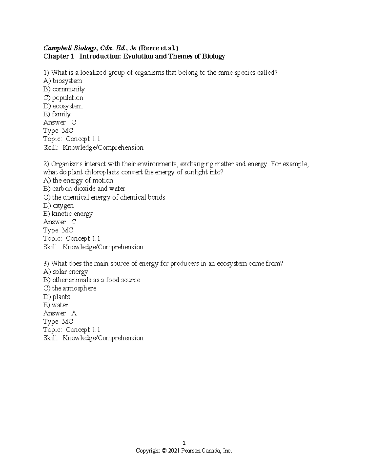 Test bank biology - Campbell Biology, Cdn. Ed., 3e (Reece et al ...