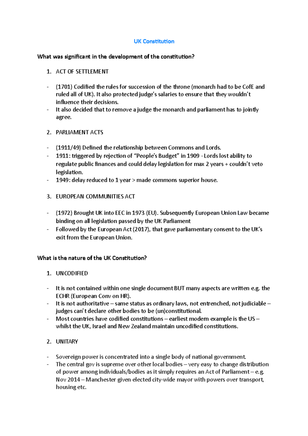 UK Constitution - Summary of A level politics complete with essay plans ...