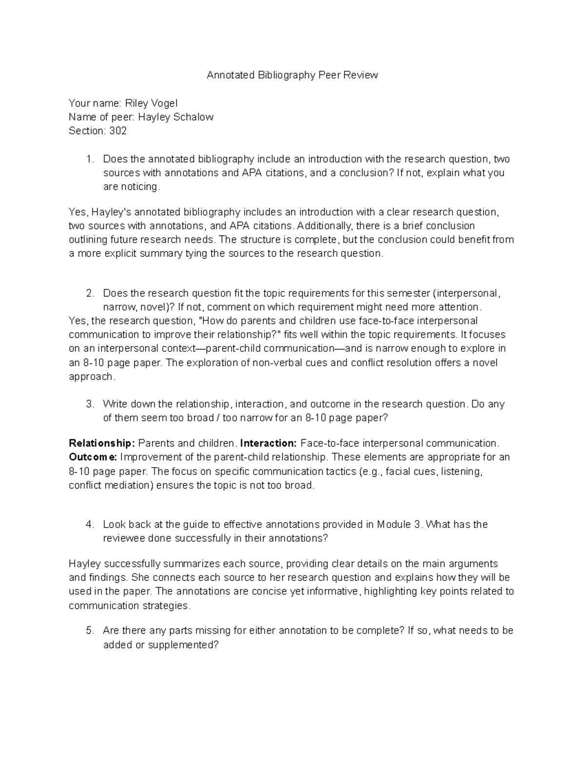 Annotated Bibliography Peer Review-1 - Yes, Hayley's annotated ...