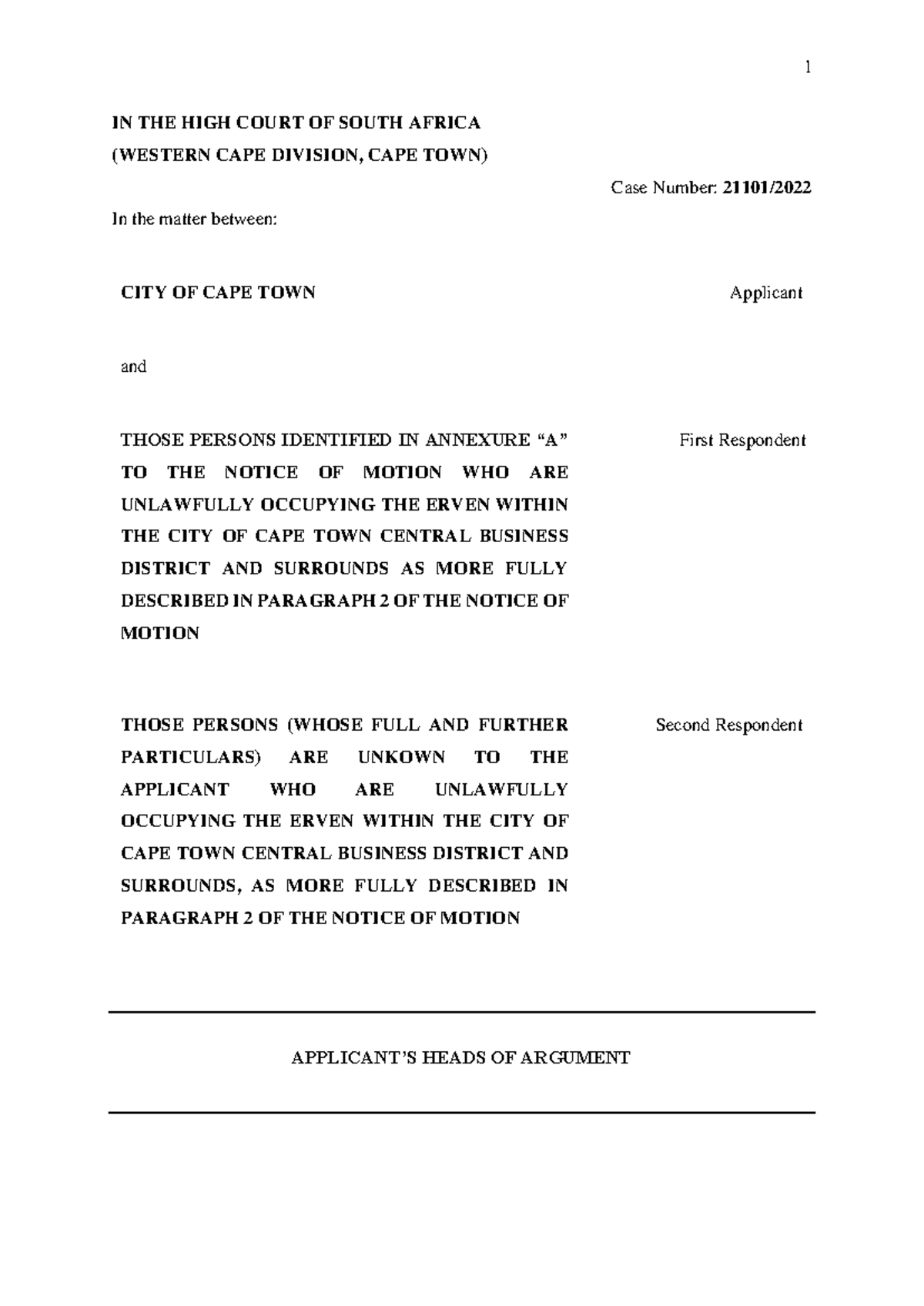 heads of argument - IN THE HIGH COURT OF SOUTH AFRICA (WESTERN CAPE ...
