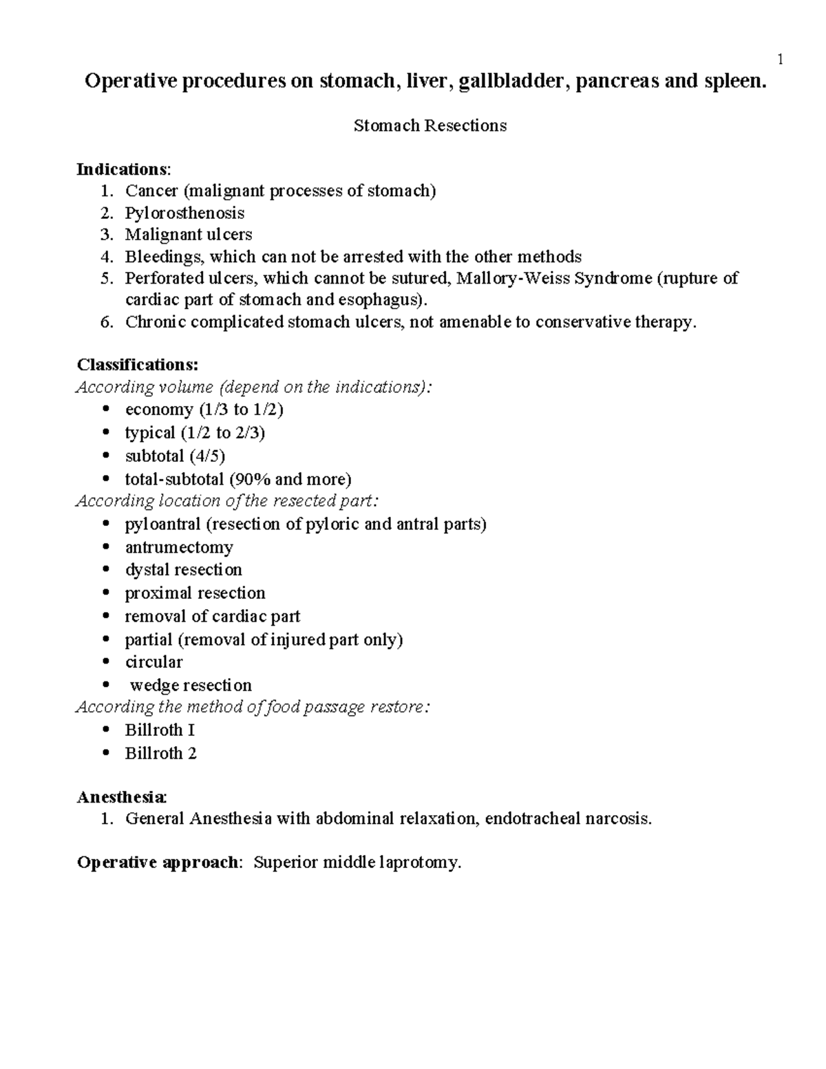 Operations on the abdominal organs - 1 Operative procedures on stomach ...