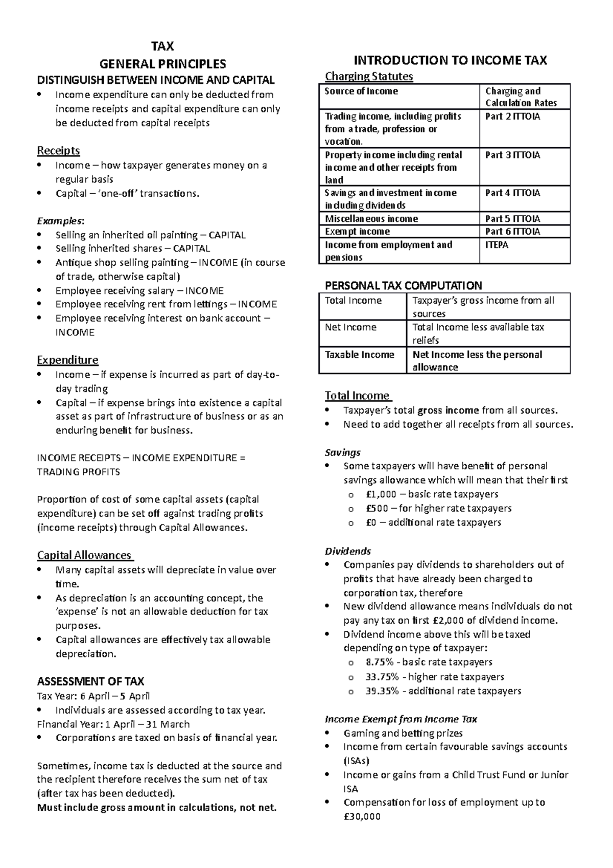 Personal Tax Summary - TAX GENERAL PRINCIPLES DISTINGUISH BETWEEN ...