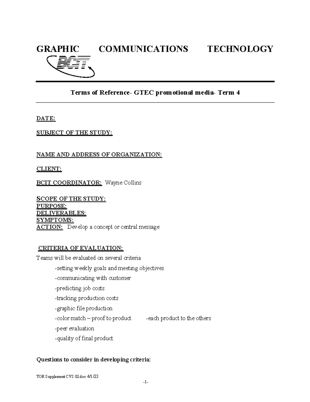 GTEC4010 TOR Template 2023 - TOR Supplement CVS 02 4/1/ -1- GRAPHIC COMMUNICATIONS TECHNOLOGY ...
